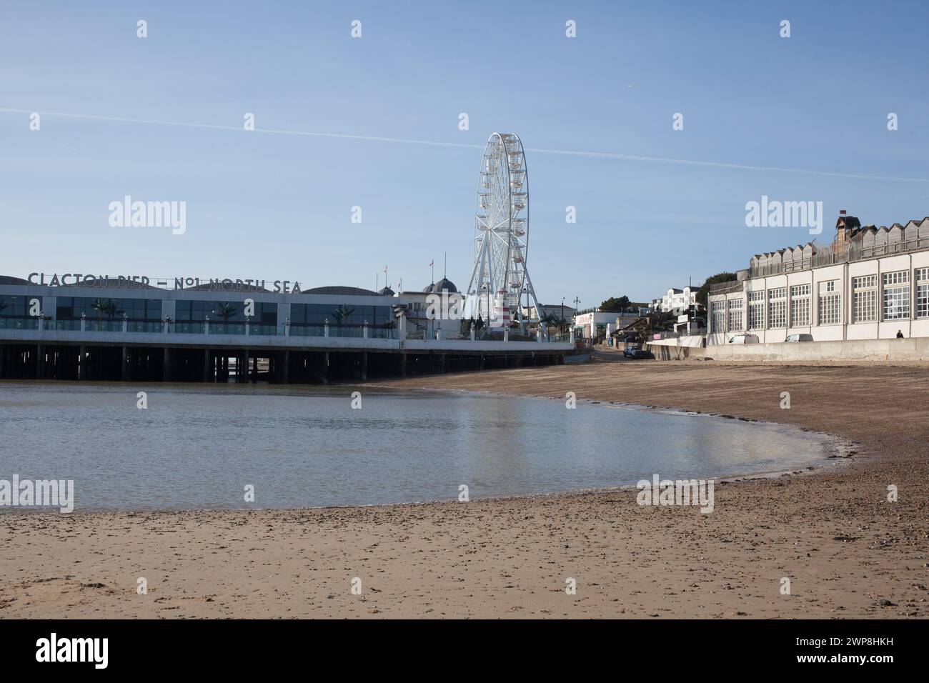 Views of Clacton Pier and the beach at Clacton on sea in Essex in the ...