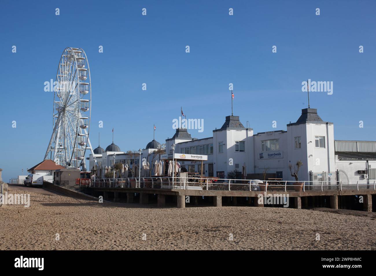 Views of Clacton Pier and the beach at Clacton on sea in Essex in the ...