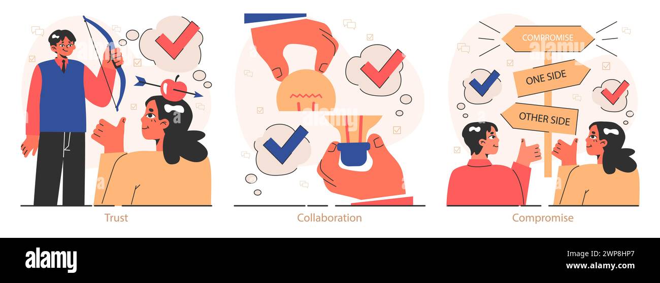 Win-win set. Professionals, employees navigate challenges, finding ...