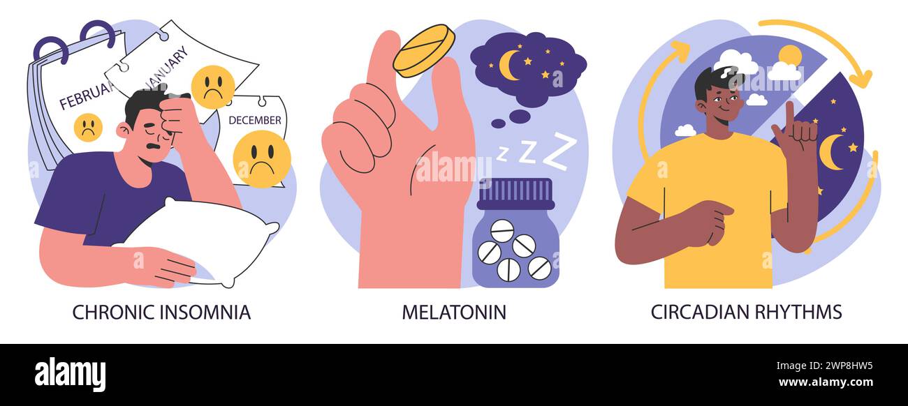 Insomnia set. Diverse characters suffering from sleep deprivation ...