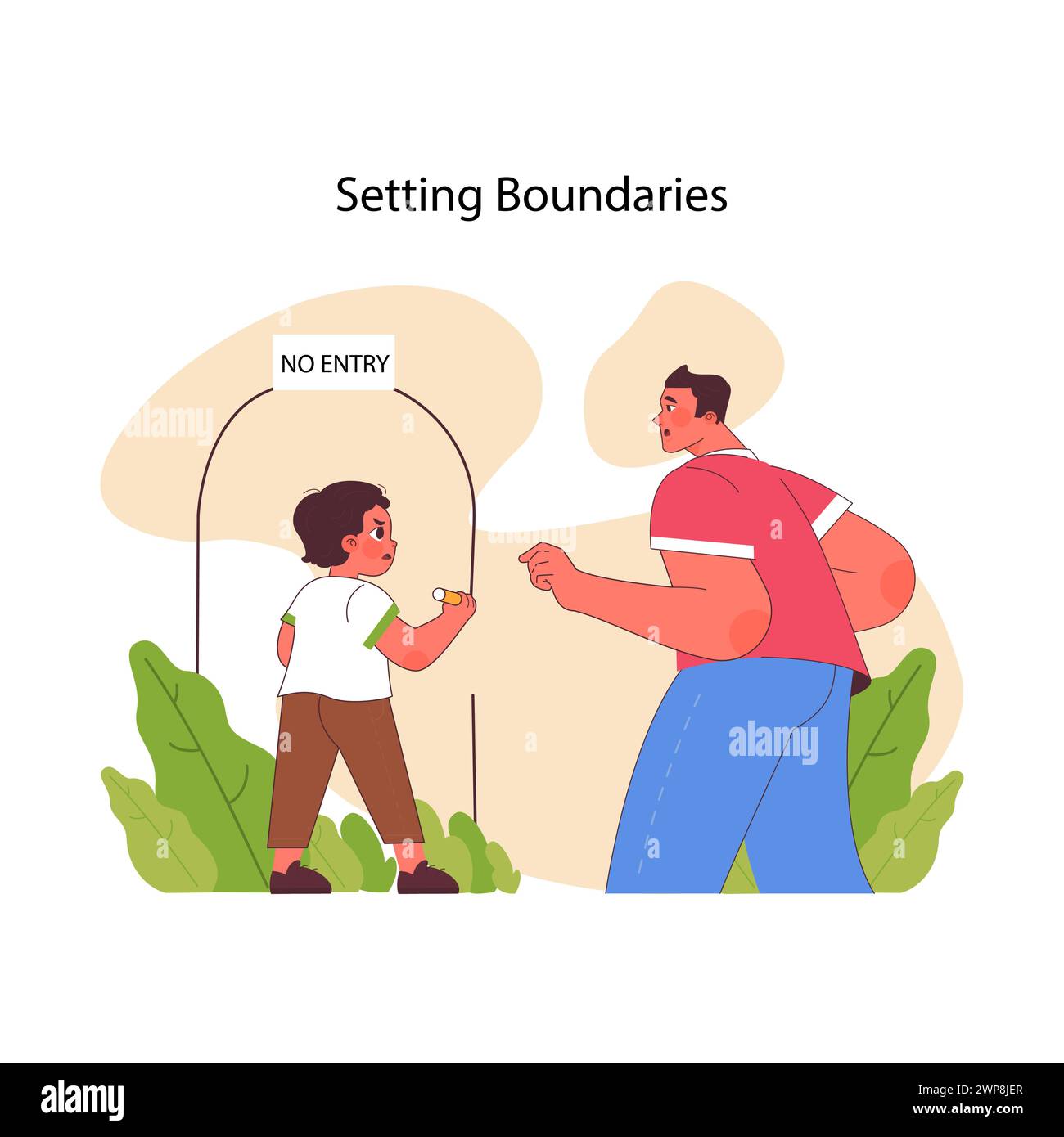 Setting boundaries concept. Son drawing barrier around him with no entry sign, while father ...
