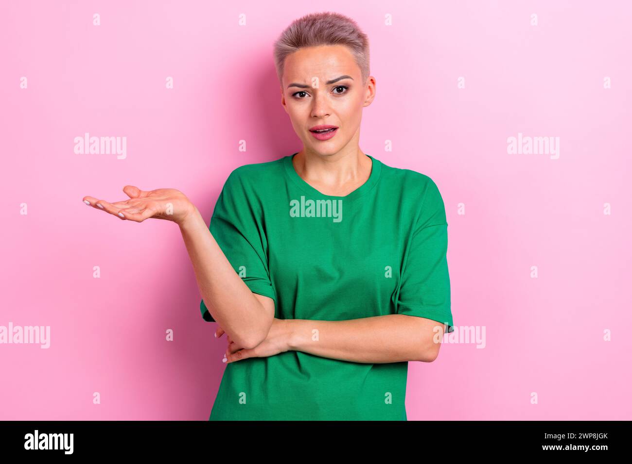 Photo of unsatisfied disappointed questioned lady raise hand speak ...