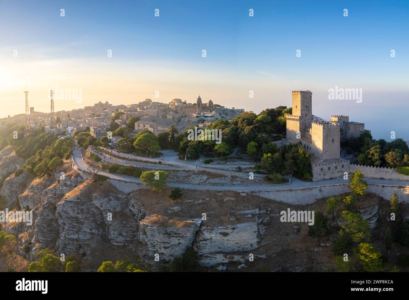 Aerial view of the village and castles of Erice. Erice, Trapani ...