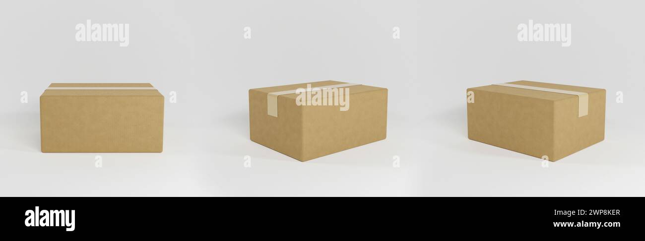 Realistic cardboard box mockup set from side, front view open and ...