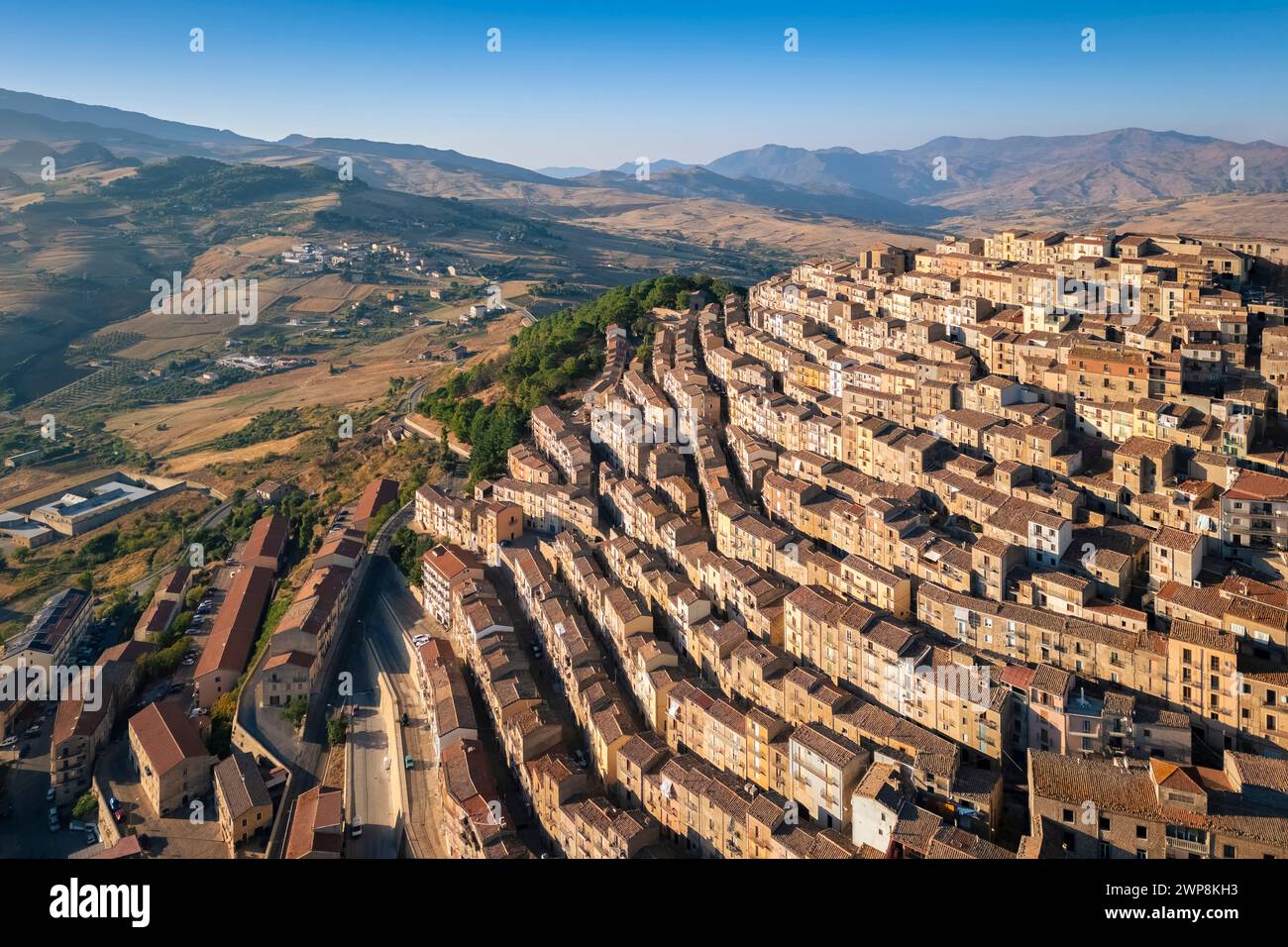 Aerial view of the labyrinthic street of the ancient town of Gangi ...