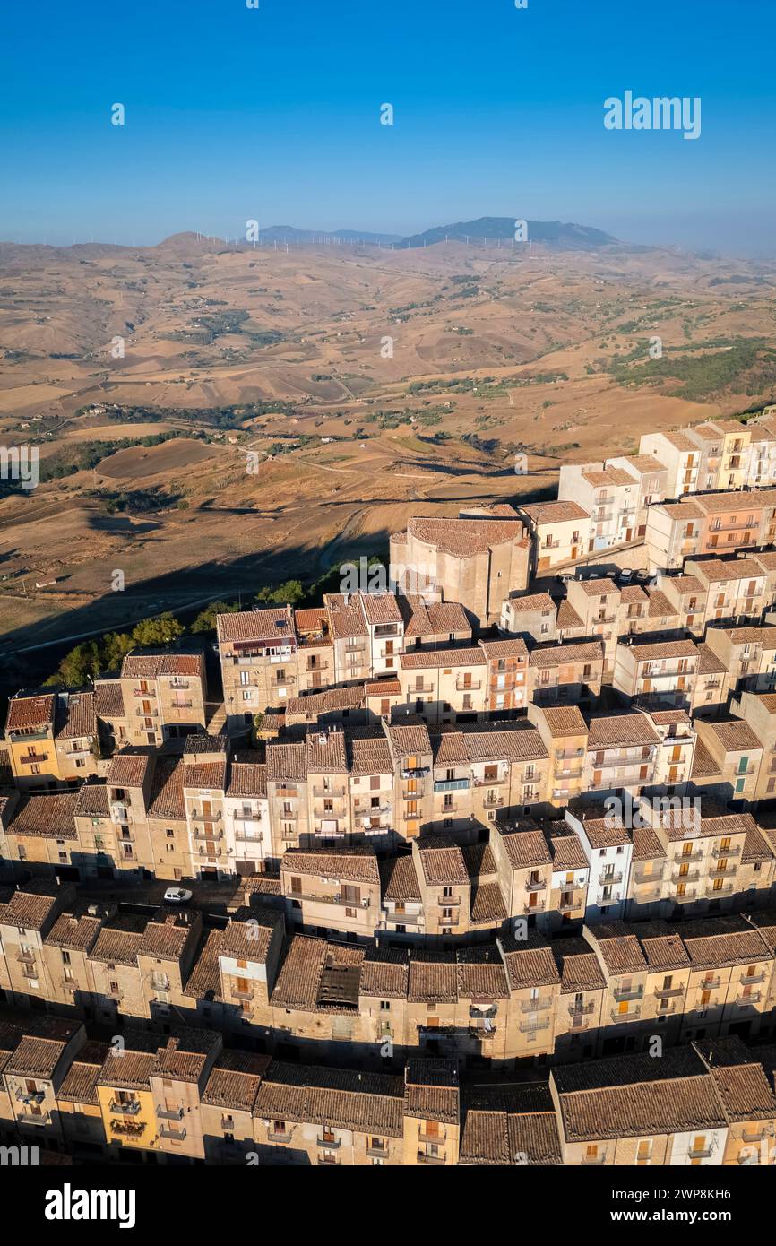 Aerial view of the labyrinthic street of the ancient town of Gangi ...