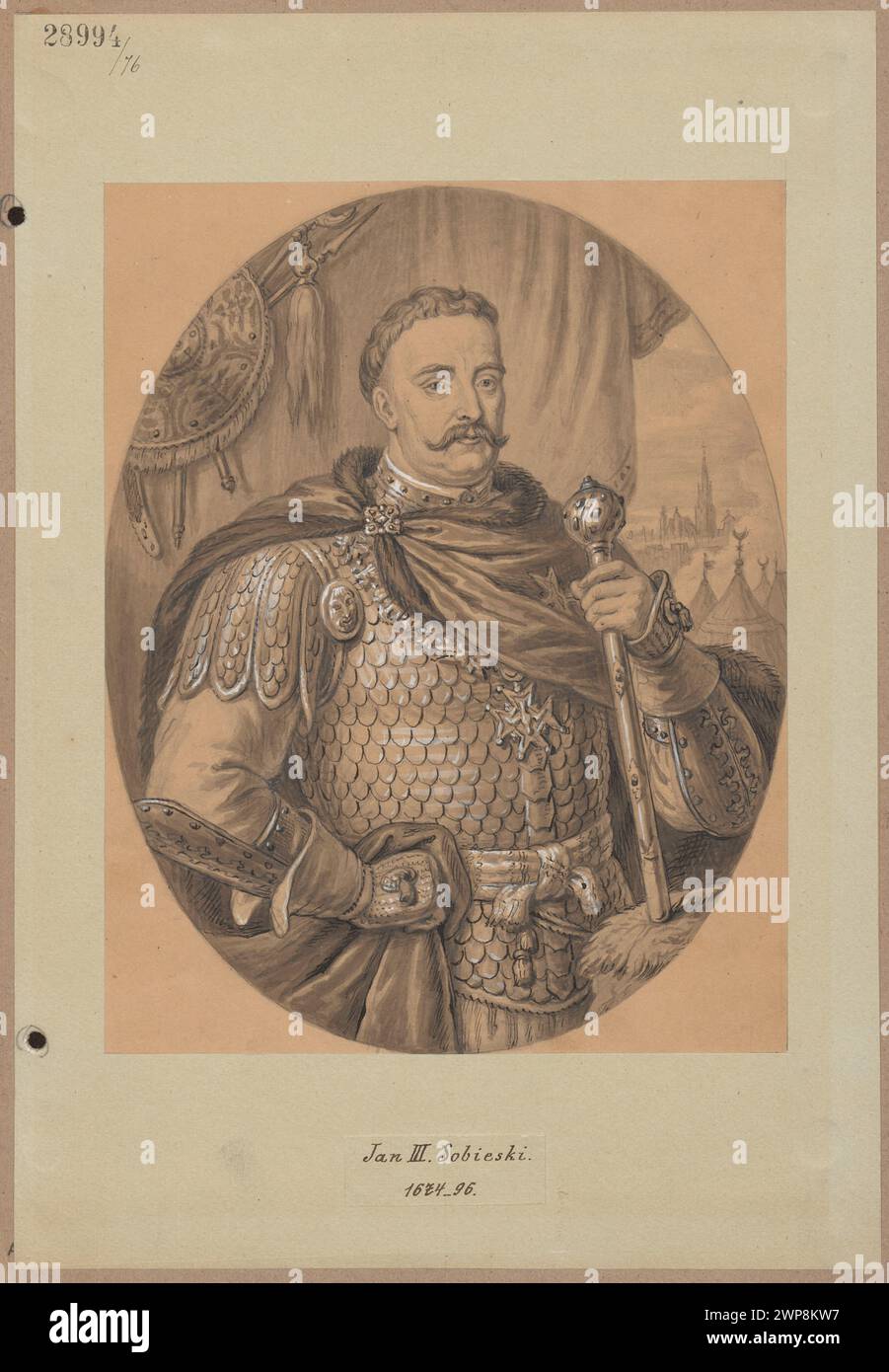 Portrait in the oval of Jan III Sobieski in armor with a buoy in Lesser ...