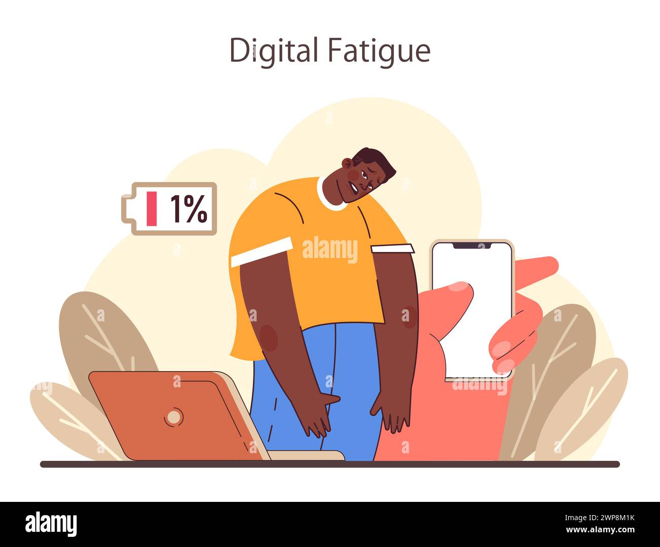 Digital detox. Character practicing mindfulness, reducing screen time ...