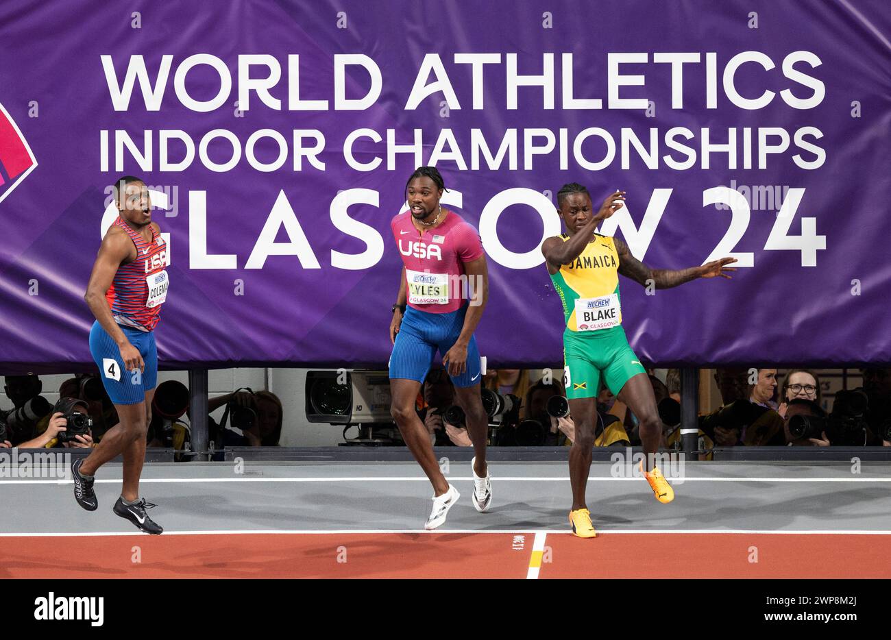 Christian Coleman (USA Gold), Noah Lyles (USA Silver) and Ackeem Blake ...