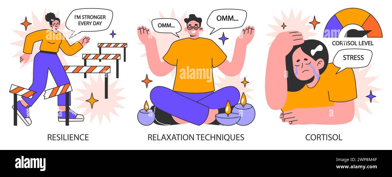 Stress management set. Diverse office characters work burnout. Employee ...