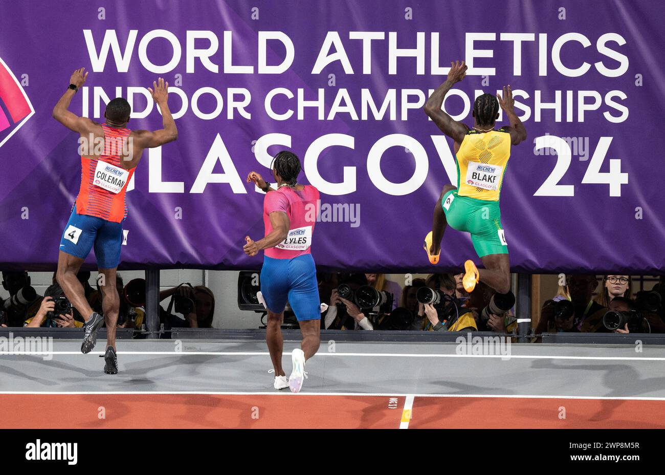 Christian Coleman (USA Gold), Noah Lyles (USA Silver) and Ackeem Blake ...
