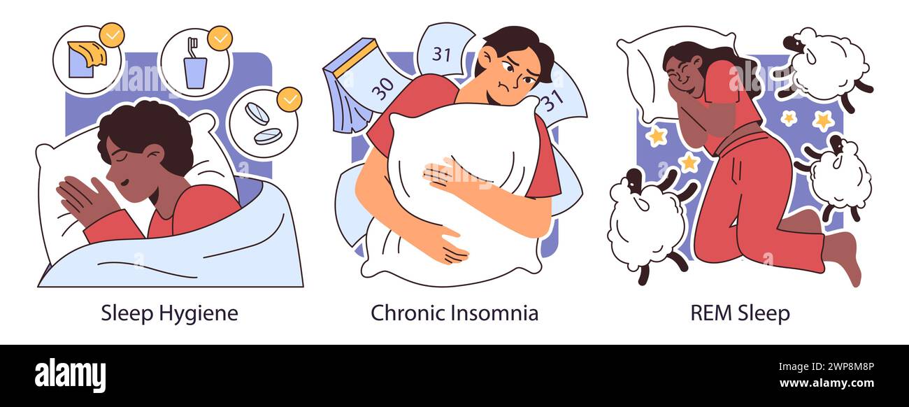 Insomnia set. Diverse characters suffering from sleep deprivation ...