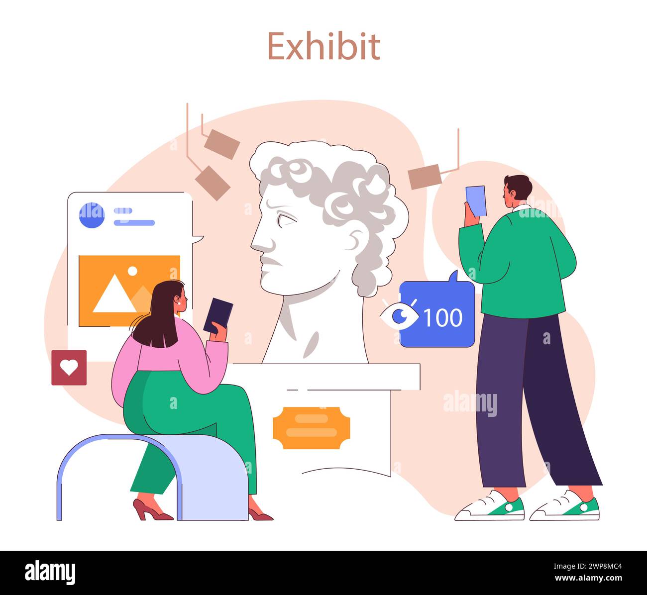 Museum or art gallery. Visitors exploring a classic sculpture exhibit ...