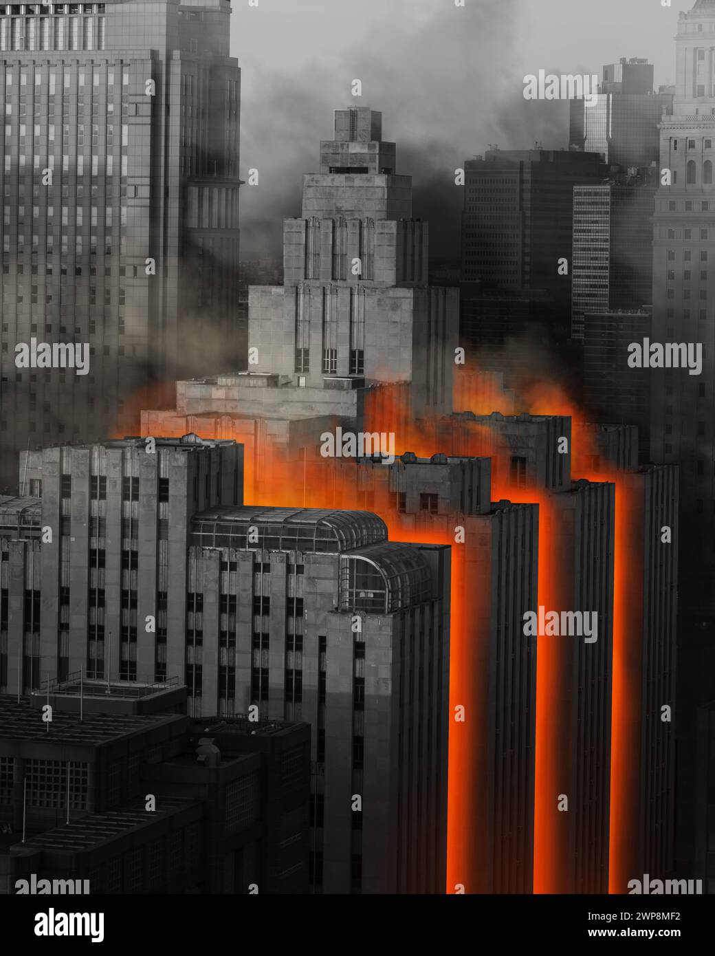 Poster, Contemporary art collage. Monochrome cityscape with selective ...