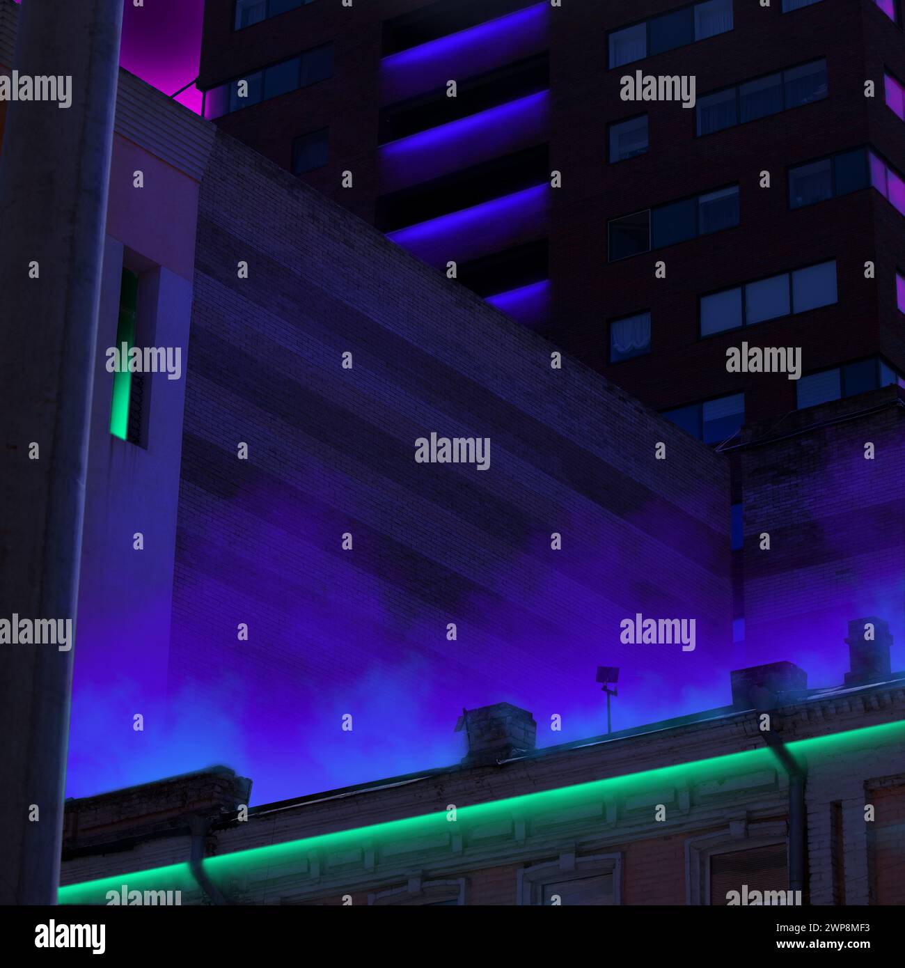Poster, Contemporary art collage. Nighttime view of urban buildings ...