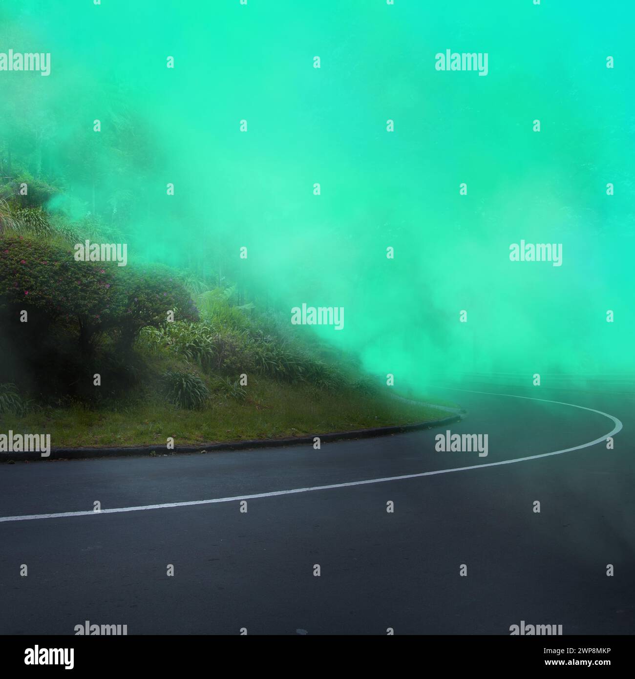 Poster, Contemporary art collage. Road with cyan smoke coming out of it ...