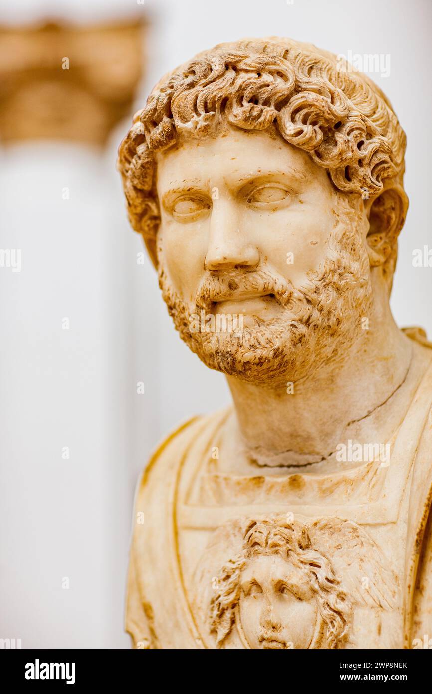 Pentelic marble bust of Roman Emperor Hadrian exhibited in Sevilles ...