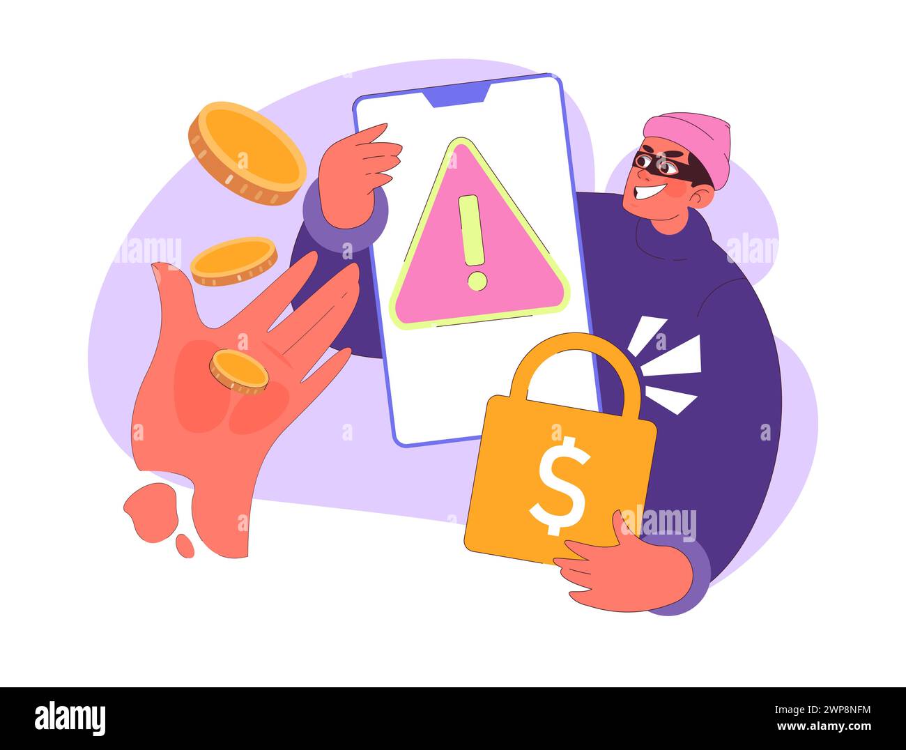 Ransomware concept. Sneaky hacker demands digital coins, holding ...