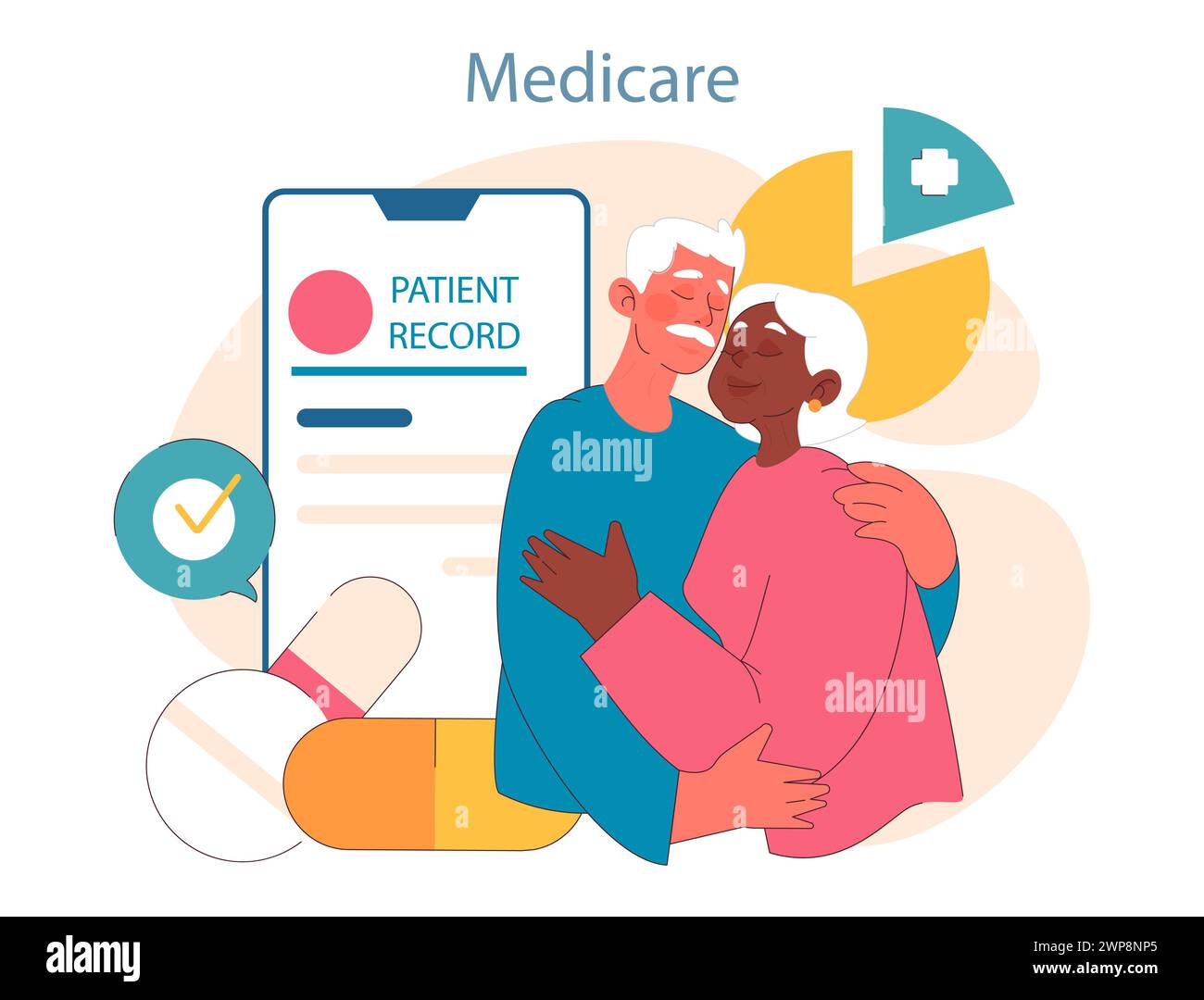 Elderly couple embraces warmly, appreciating Medicare's support. Behind ...