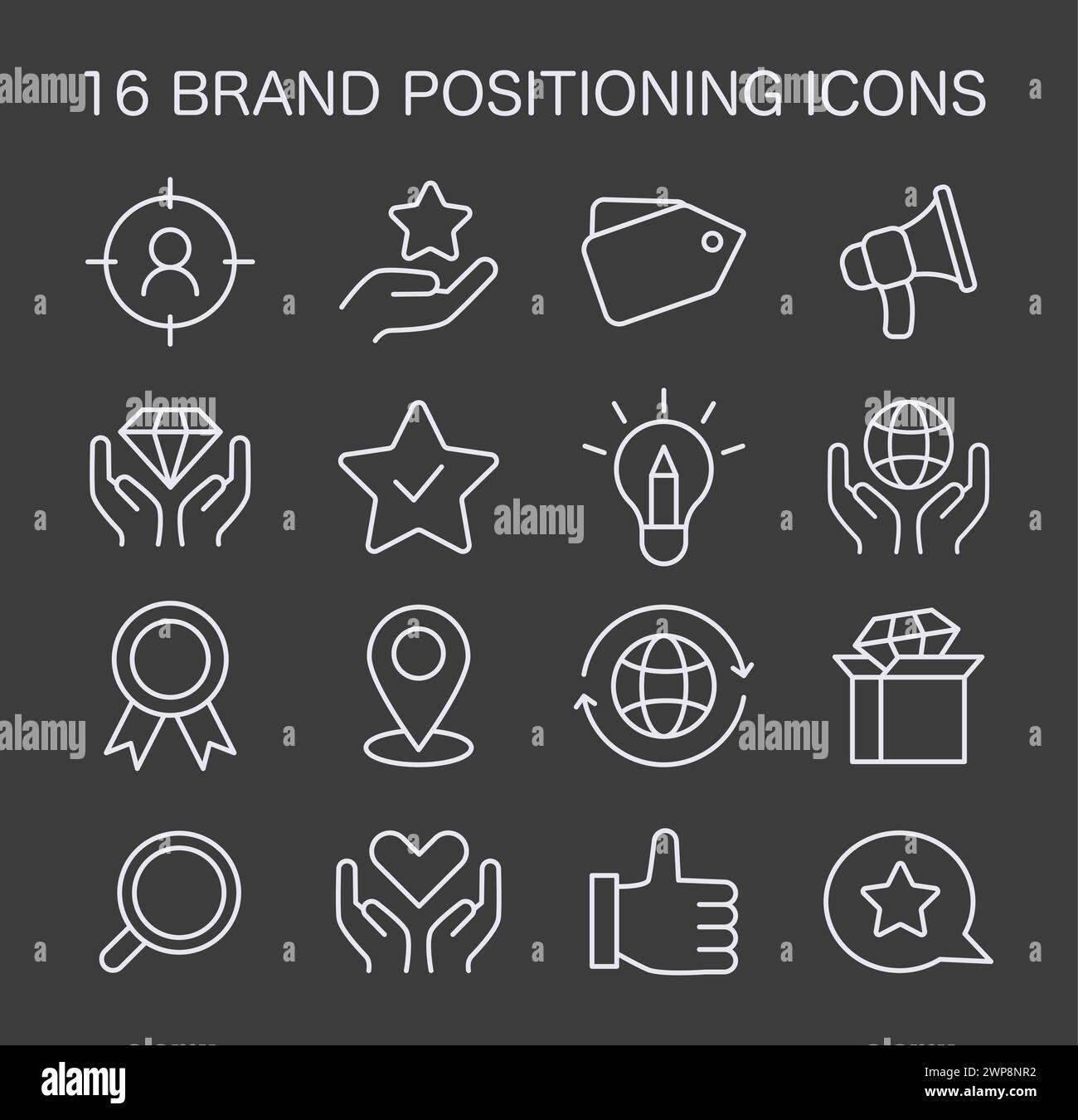 Set of brand positioning icons. Showcasing key marketing elements like ...
