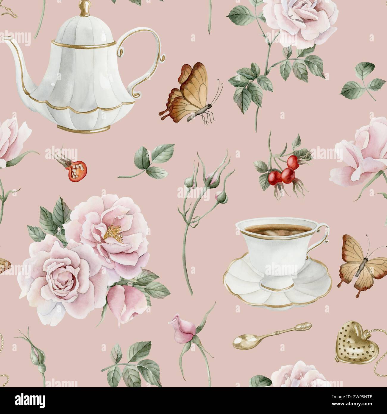 Rose hip pink flowers, red berries, leaves, white porcelain teaware and ...