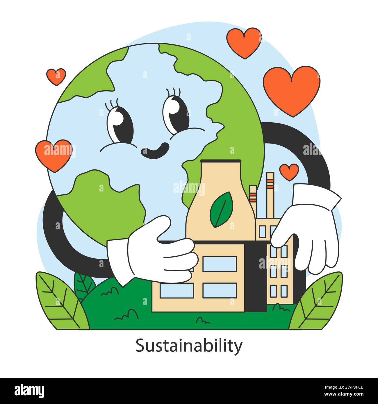 Sustainability. Earth cartoon character hugs a green factory. Carbon ...