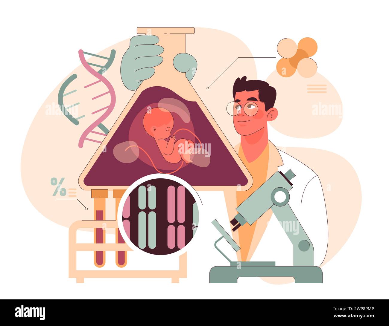Genetic Screening concept. A scientist observes a fetus within a ...