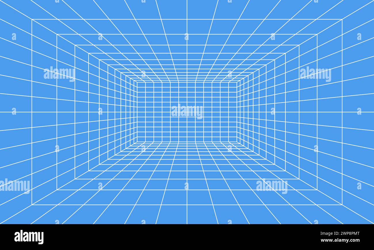 Grid room in perspective in 3d style. Indoor wireframe from white laser ...