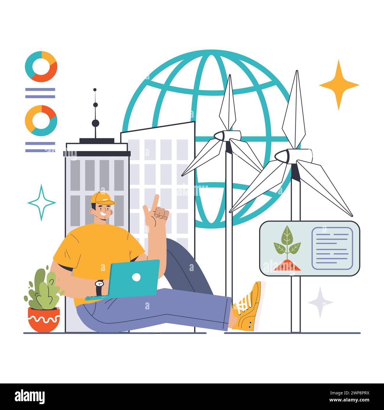 Esg Commitment Concept Worker With Laptop Modern City Wind Turbines And Green Initiatives