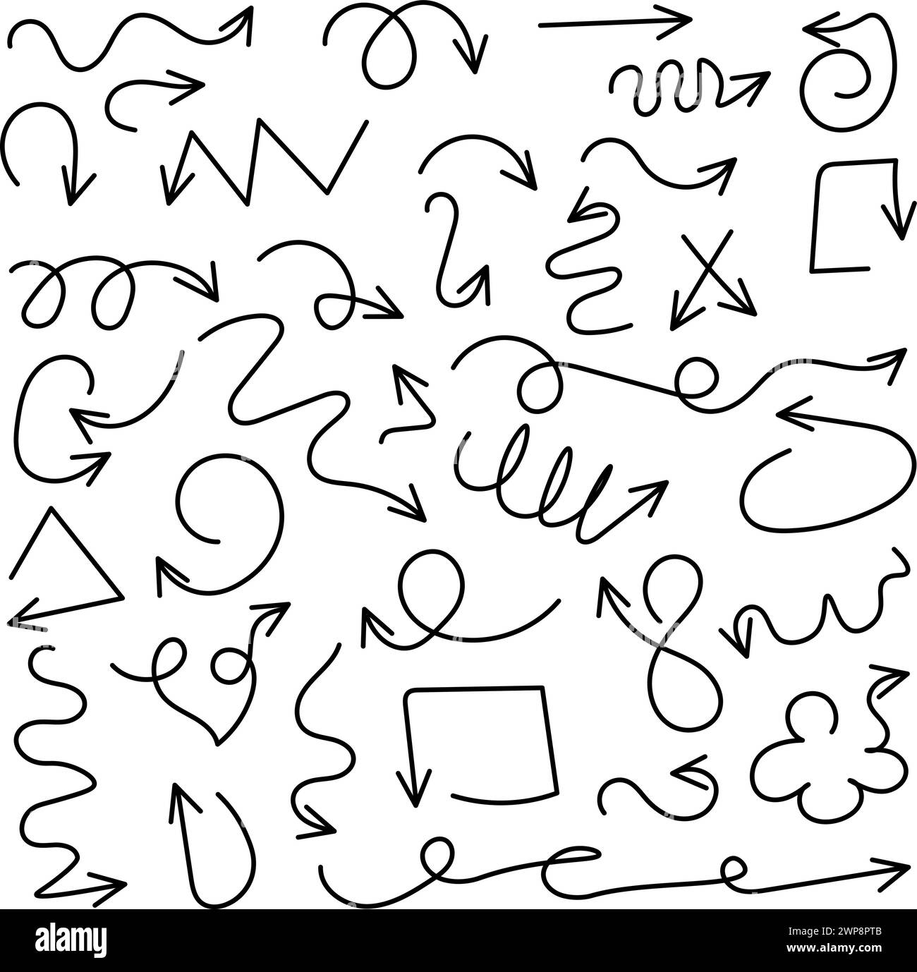 Hand drawn arrows icons set. Free form different curved lines, swirls ...