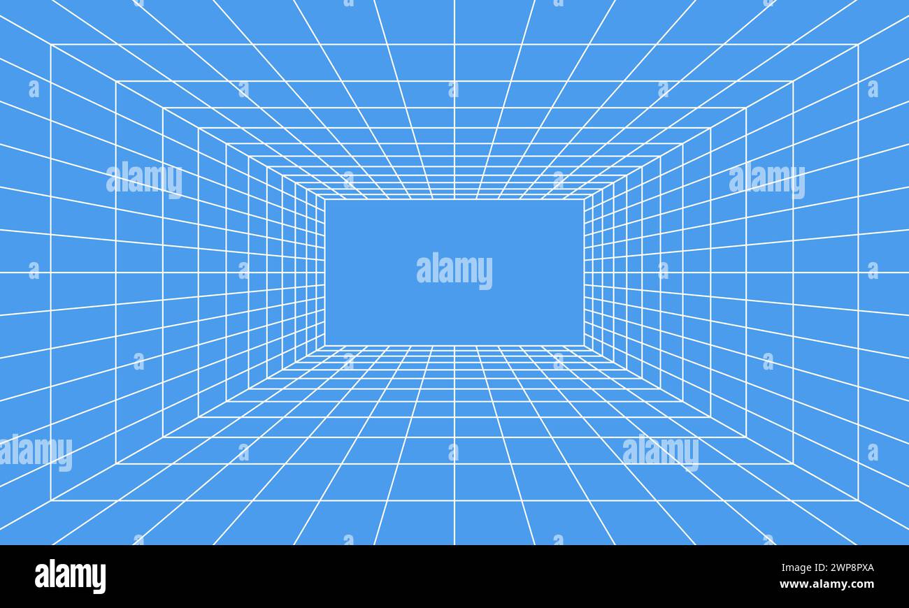 Grid room in perspective in 3d style. Indoor wireframe from white laser ...
