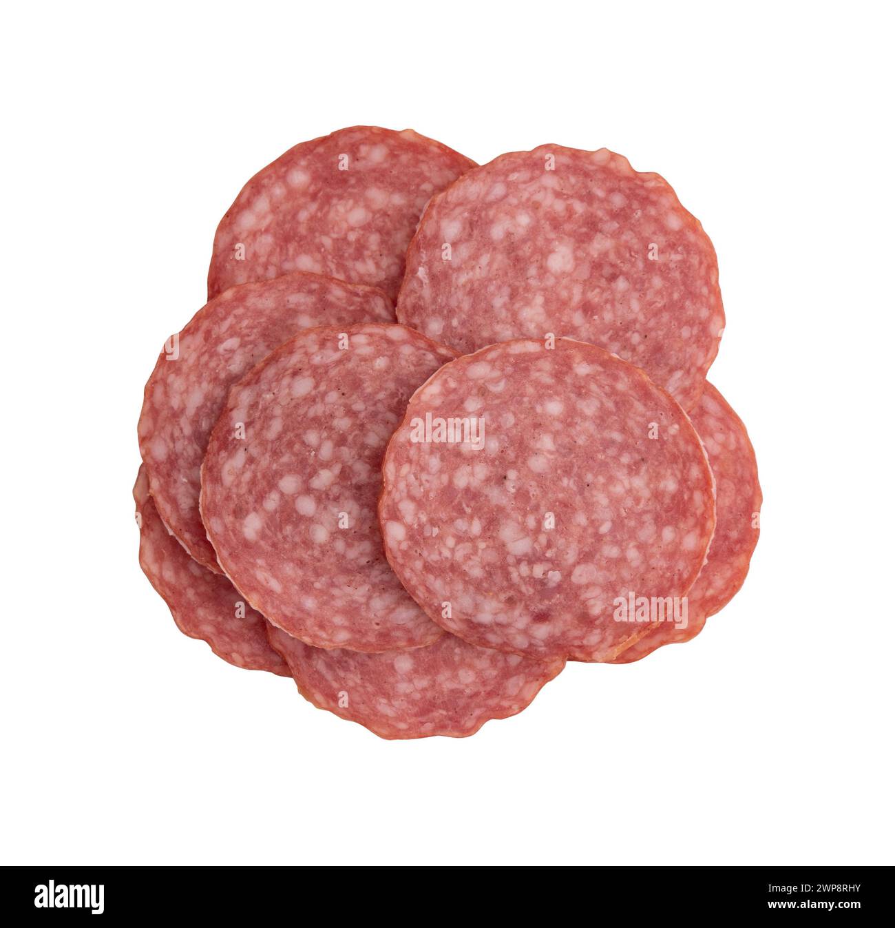 pieces of sliced salami sausage laid out to create layout, salami sausage slices isolated on ...