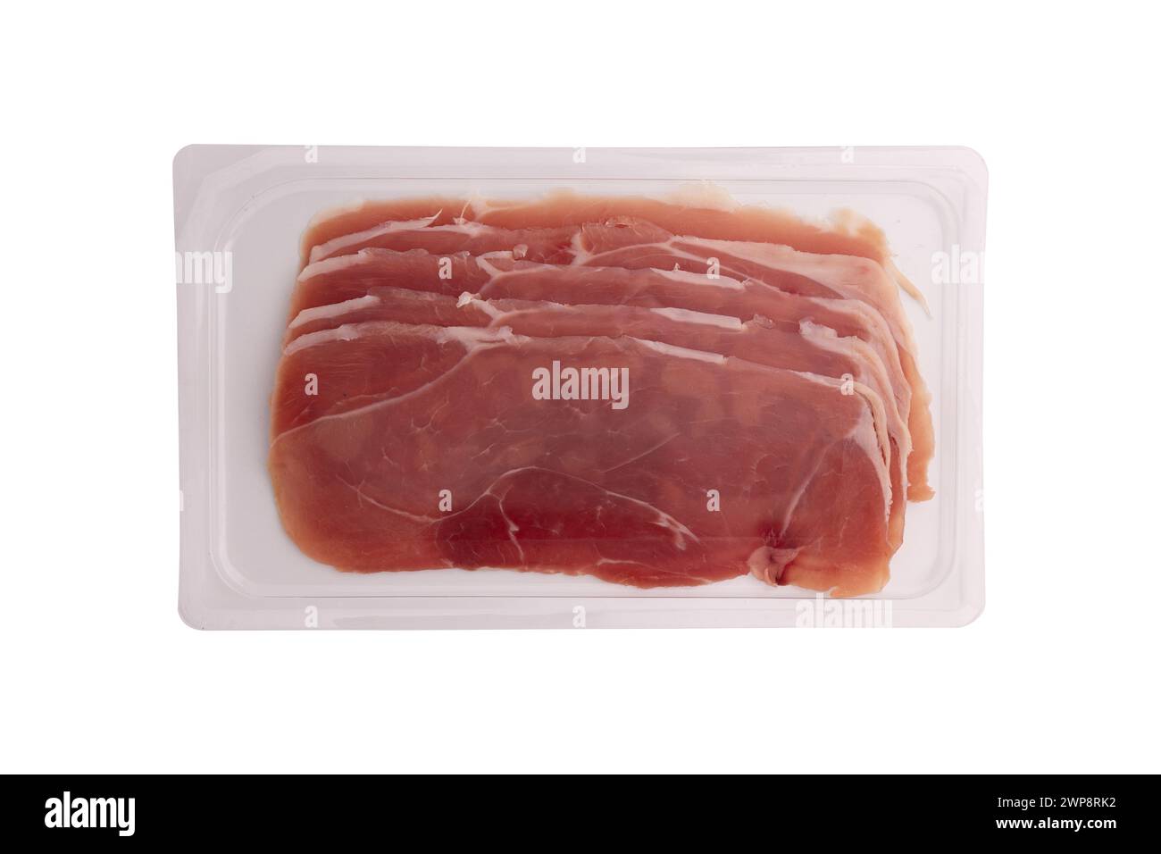 sliced prosciutto or jamon in plastic package isolated on white ...