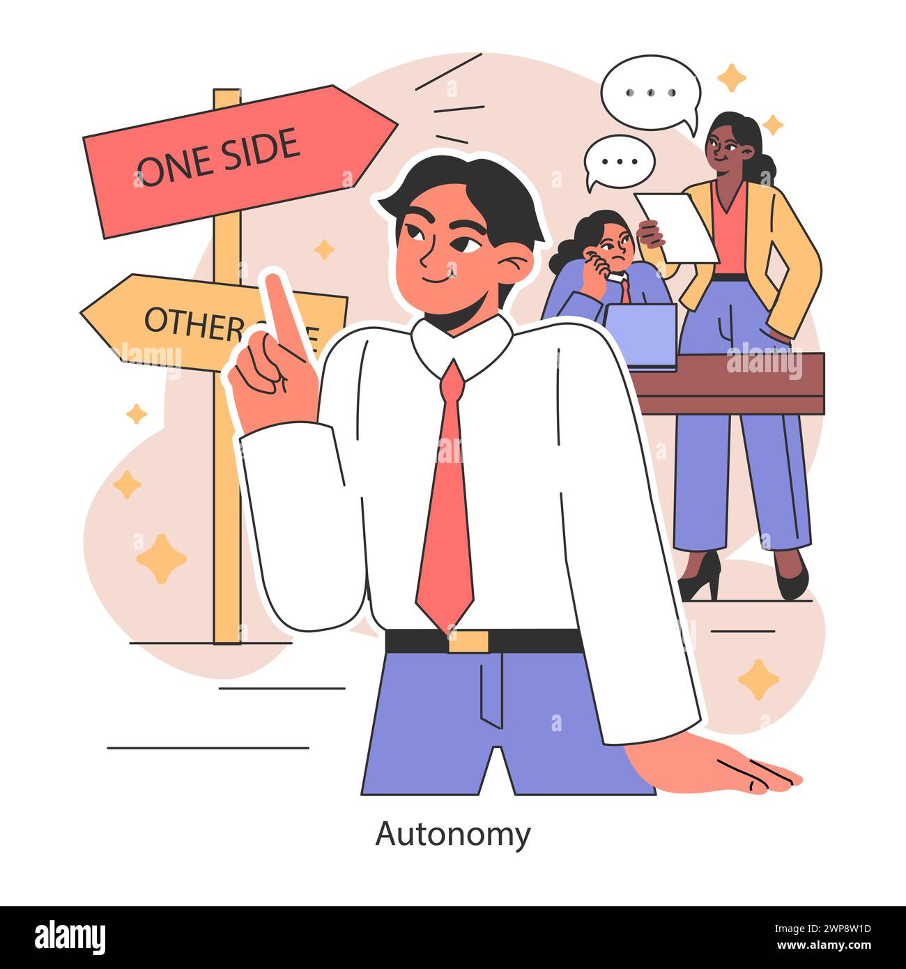 Autonomy. Employee choosing a path, with a team discussions. Standing firm on decisions ...