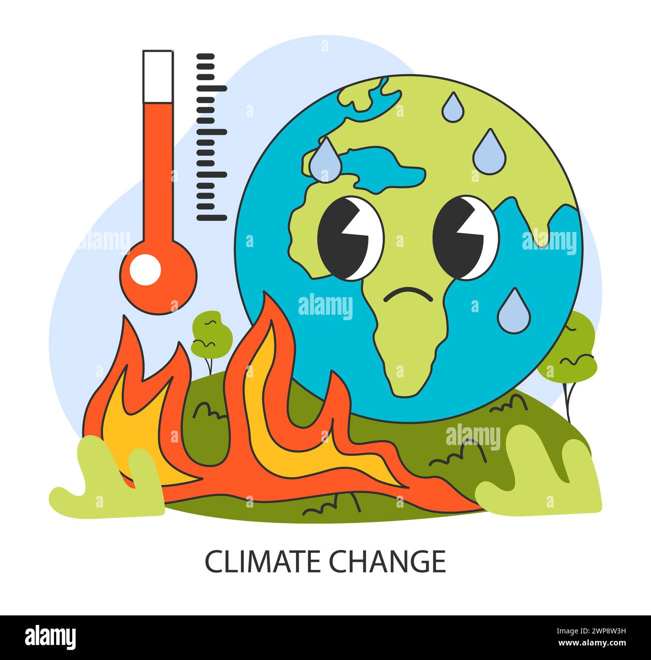 Climate change. Distressed Earth cartoon character with rising flames ...
