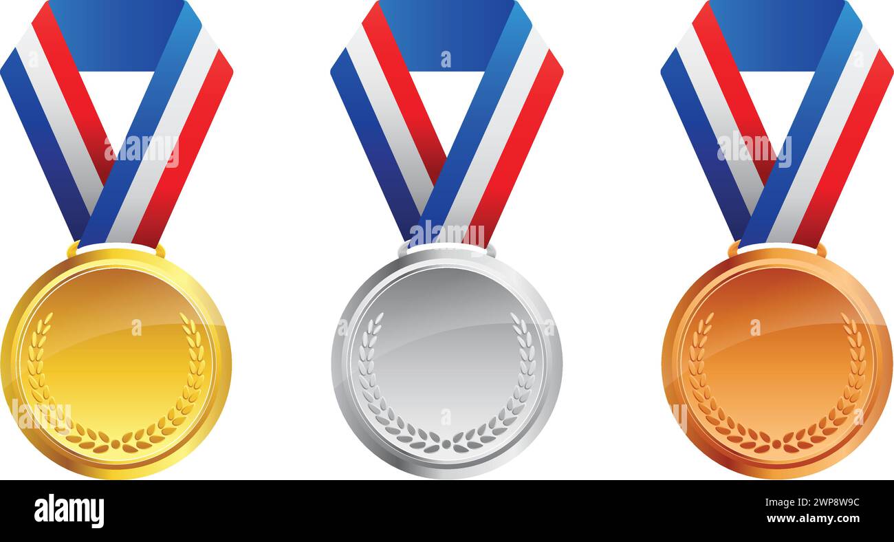 simple elegant blank empty gold silver and bronze medals hanging from ...