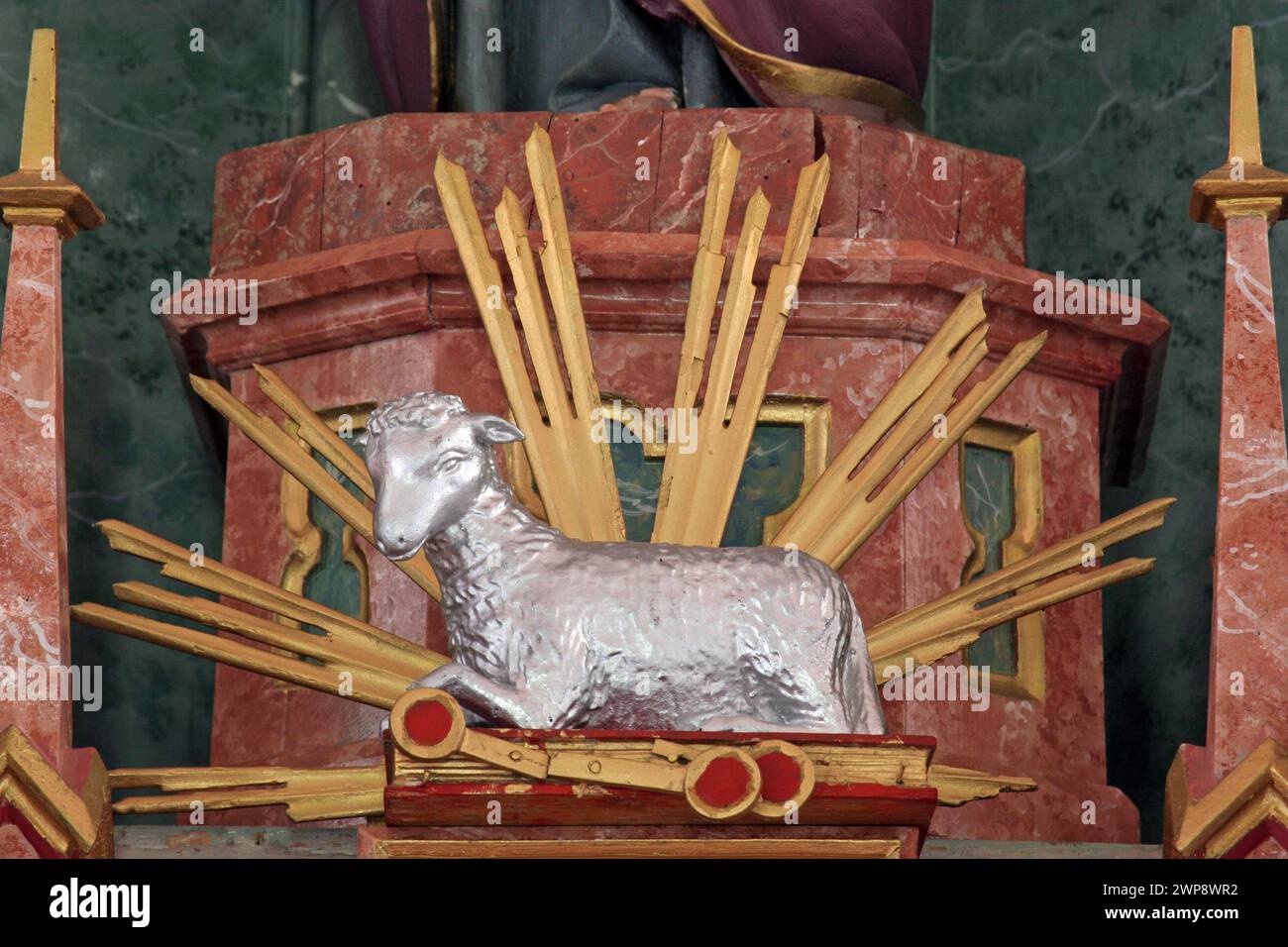 Agnus Dei, Lamb of God, statue on the High altar in the parish church ...