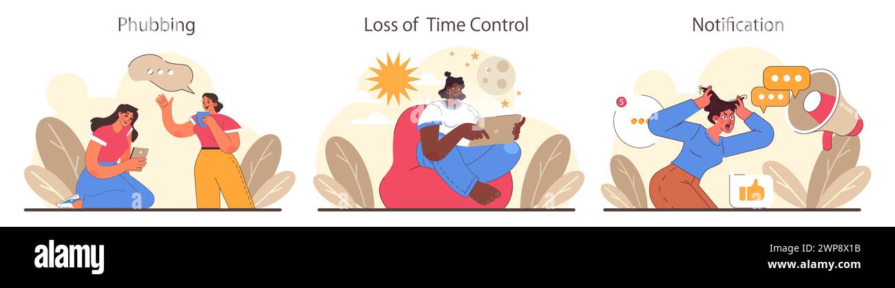 Digital detox set. Characters practicing mindfulness, reducing screen ...