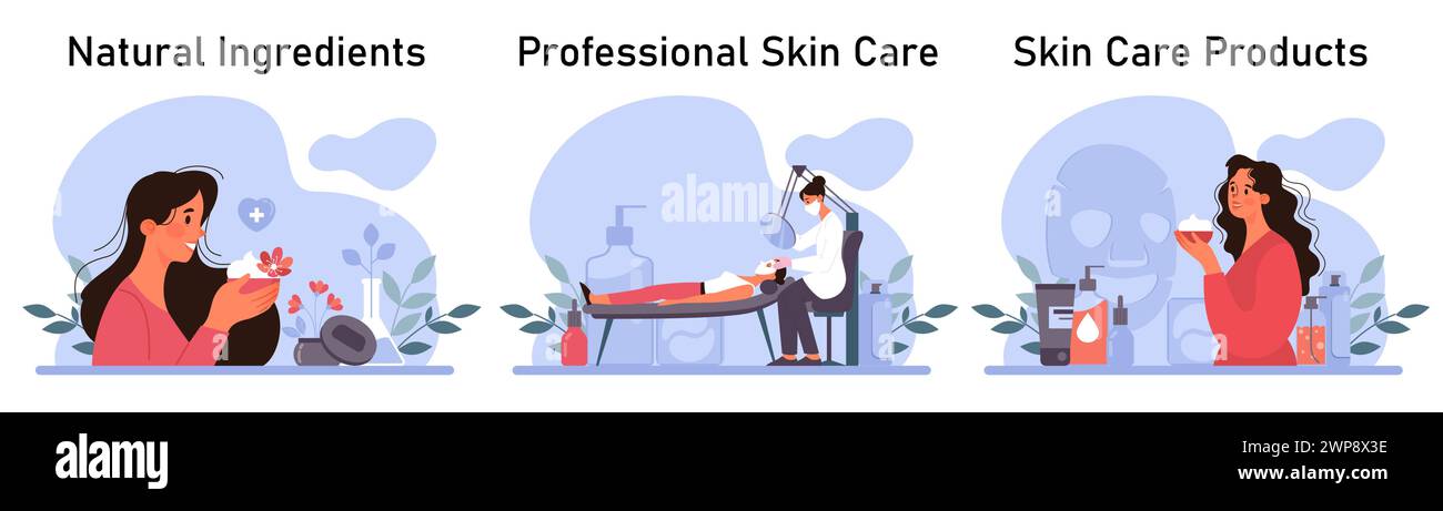 Skincare routine set. Facial skin cosmetic products applying and ...