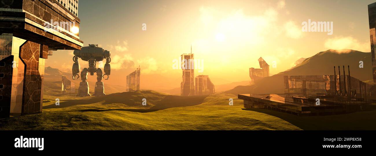 "Futuristic landscape with robots and sunlight reflecting off buildings ...