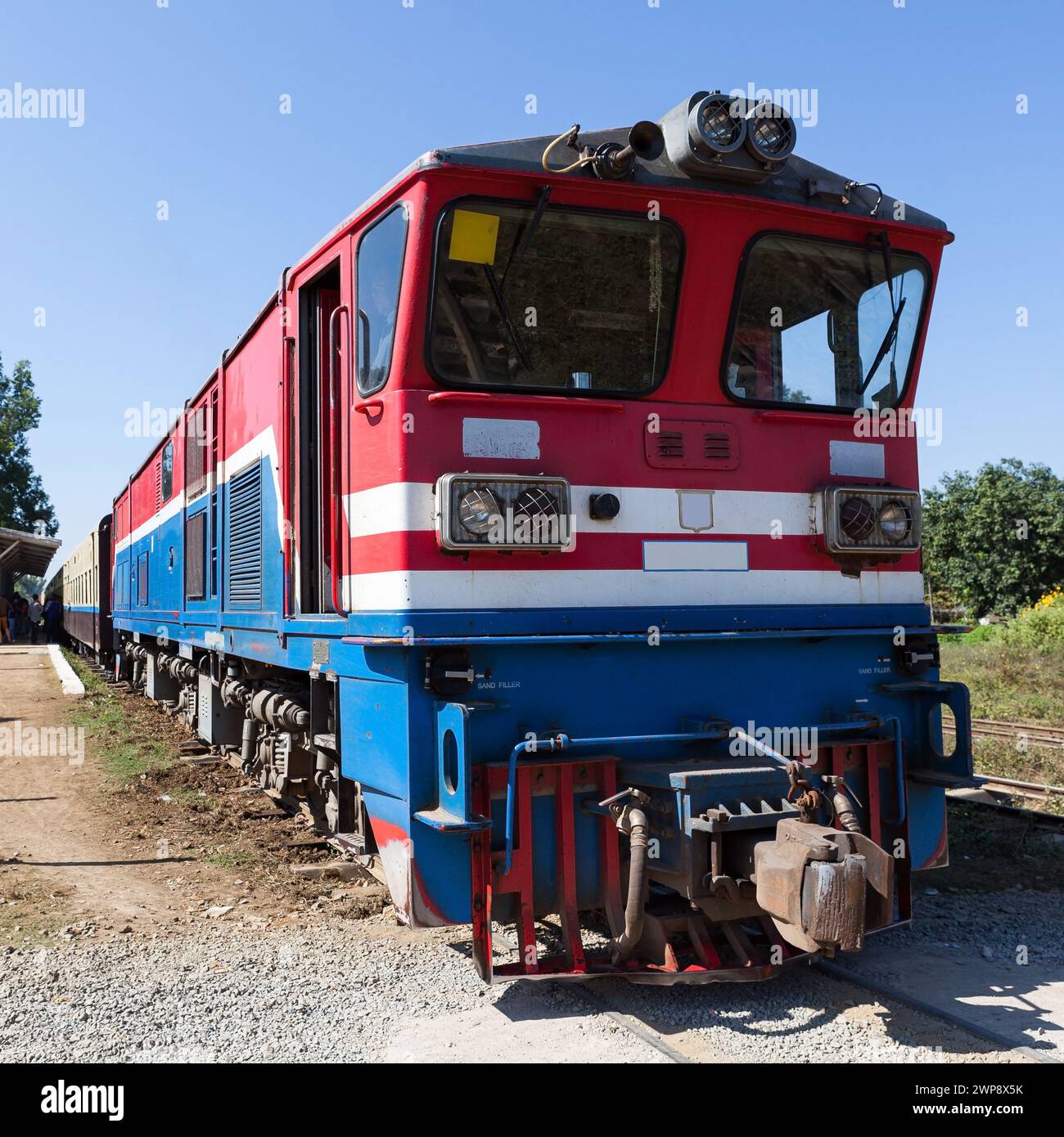 Old train in Shan state in Myanmar on the route to Hsipaw from Mandalay ...