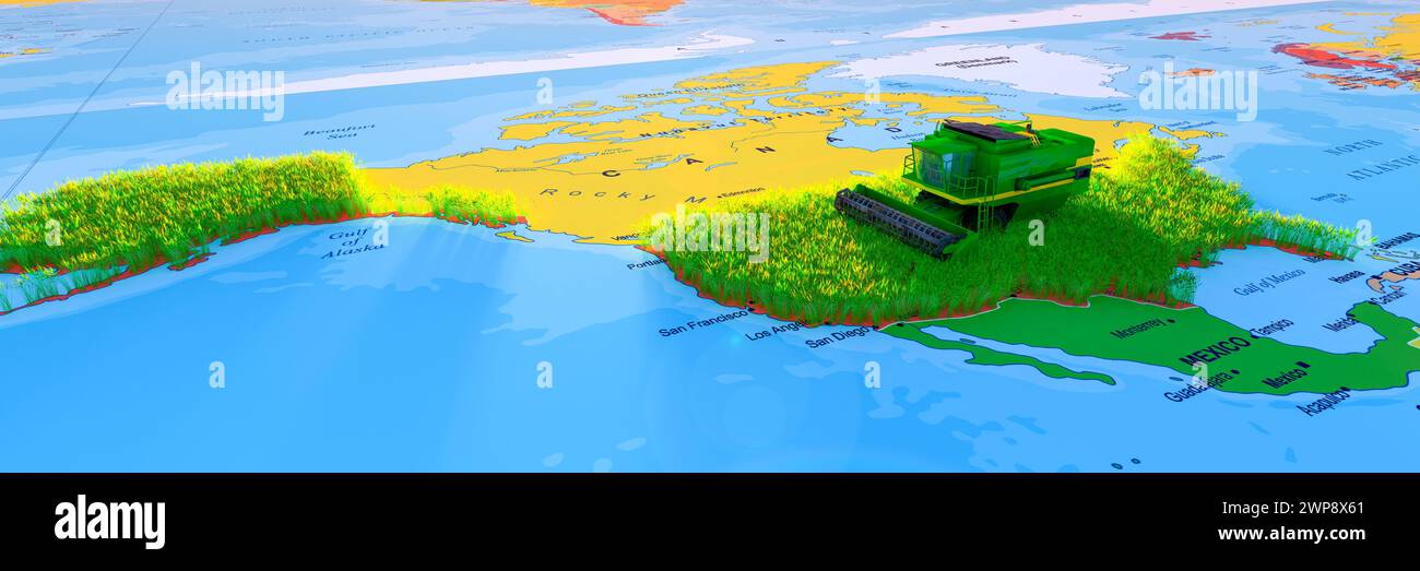 Green combine harvester over the Midwest, symbolizing the agricultural ...