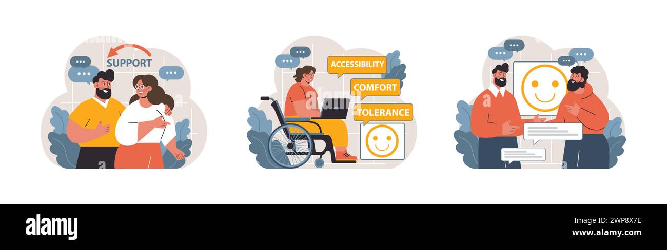 Inclusion at Work set. Diverse teams collaborating. Woman in wheelchair ...
