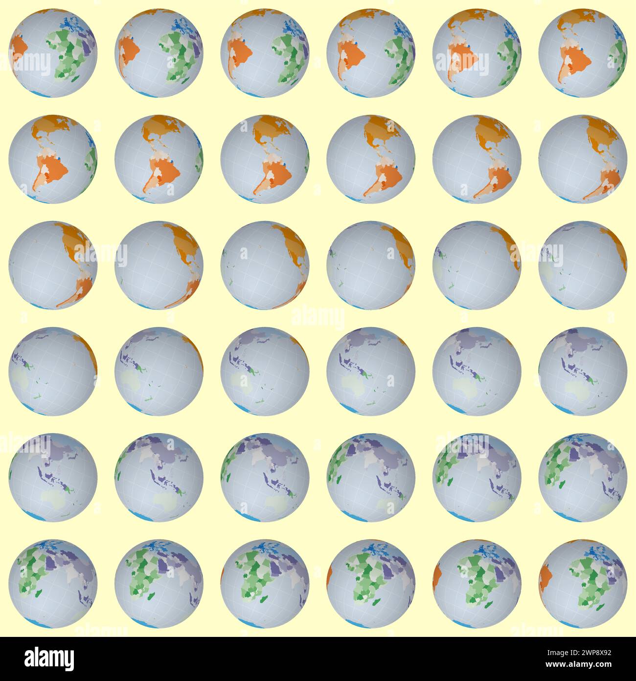 Collection of earth globes. Tilted sphere view. Rotation step 10 ...