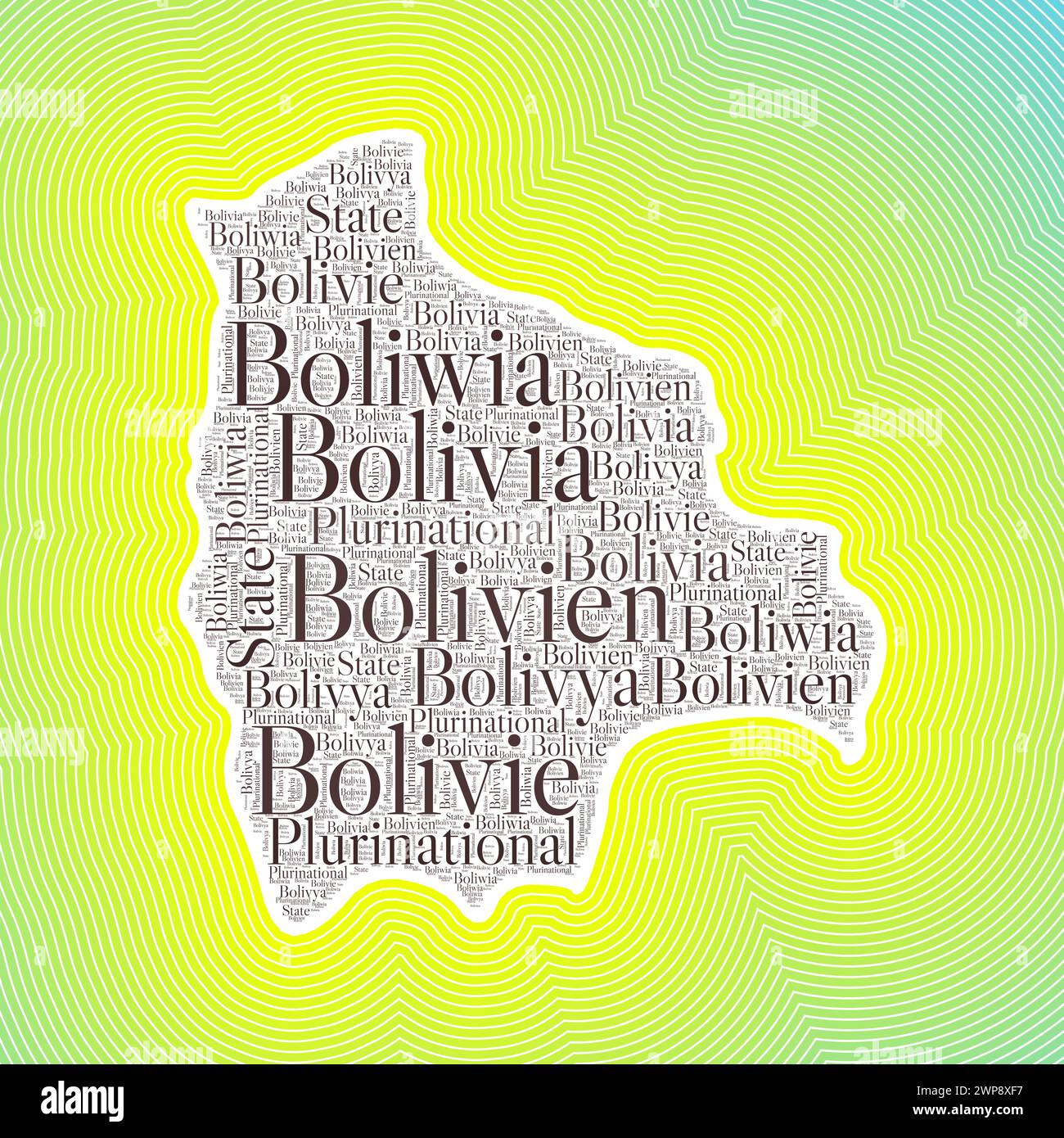 Bolivia shape formed by country name in multiple languages. Bolivia border on stylish striped ...