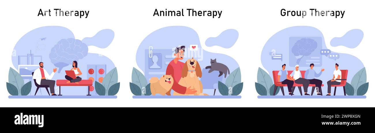 Psychotherapy set. Psychiatrist consulting a patient on mental health ...