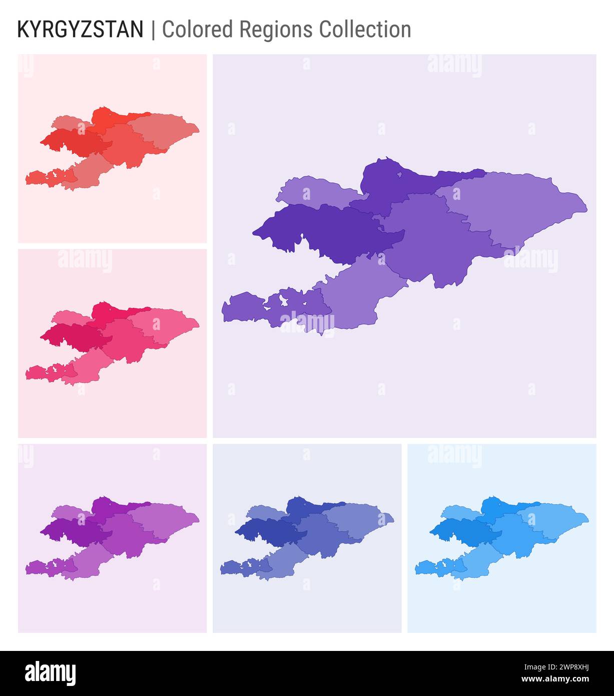 Kyrgyzstan map collection. Country shape with colored regions. Deep Purple, Red, Pink, Purple ...