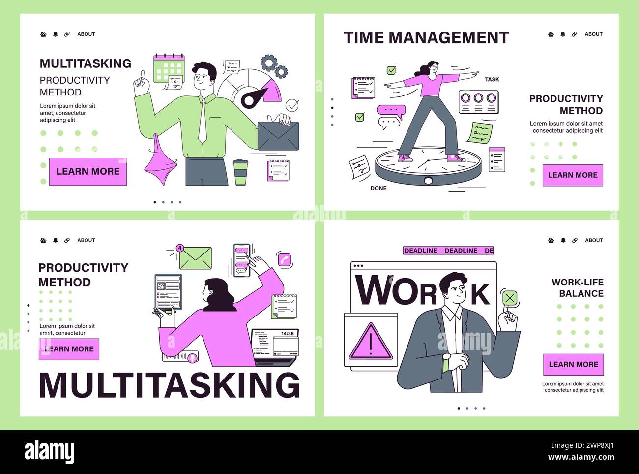 Employee efficiency web or landing set. Business employee productive multitasking. Time ...