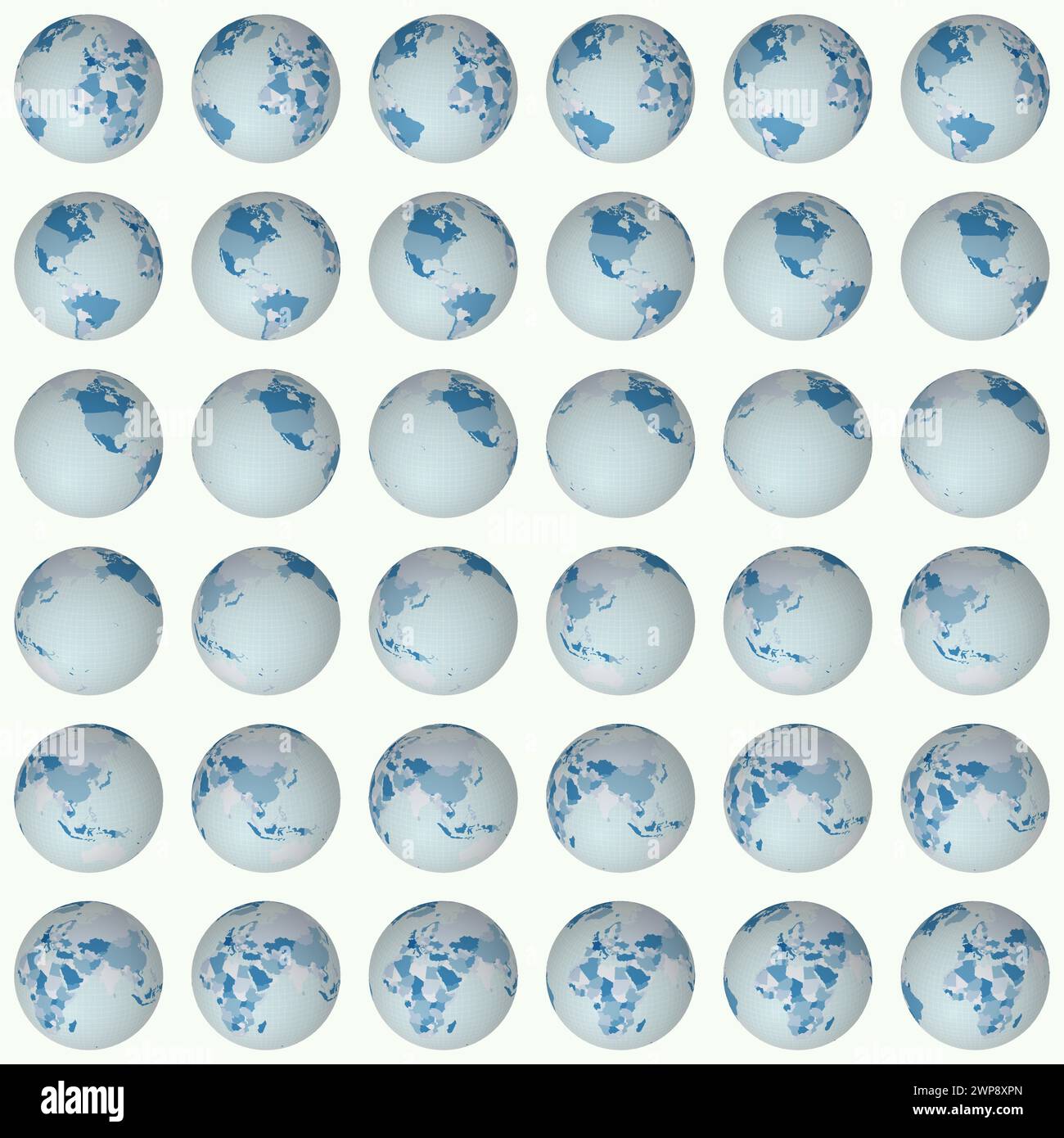 Collection of earth globes. Slanted sphere view. Rotation step 10 ...