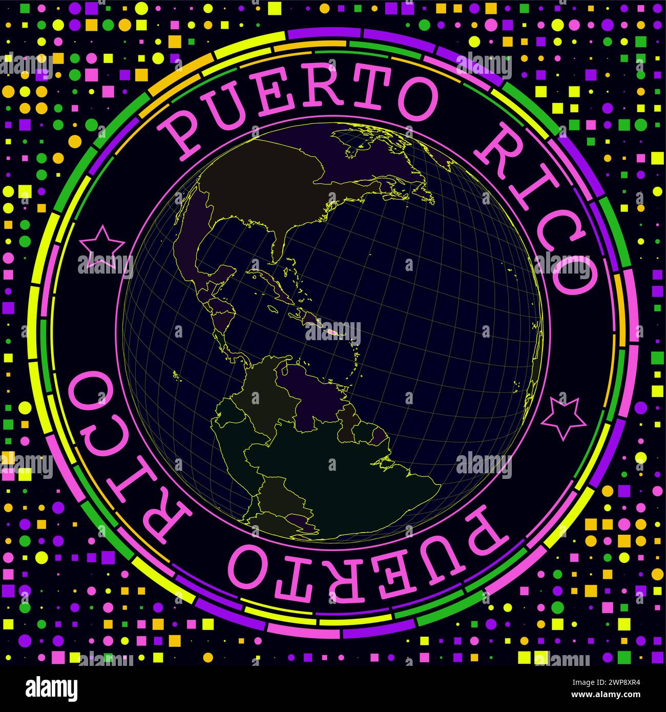 Futuristic Puerto Rico on globe. Bright neon satellite view of the ...